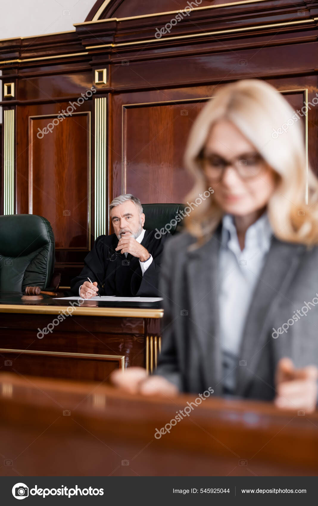 Senior Grey Haired Judge Looking Advocate Blurred Foreground — Stock ...