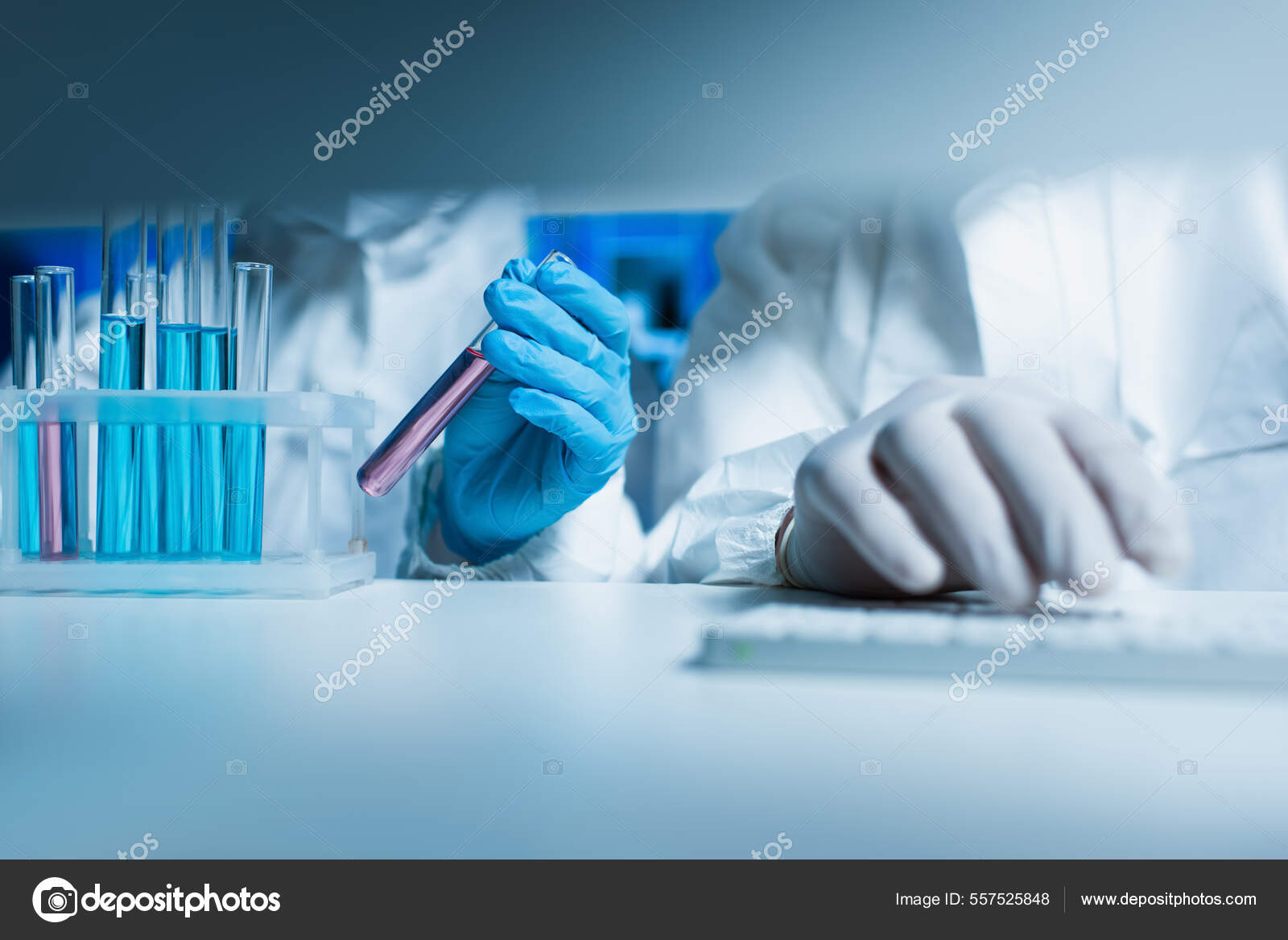 Cropped View Scientist Holding Test Tube Colleague Typing Computer ...