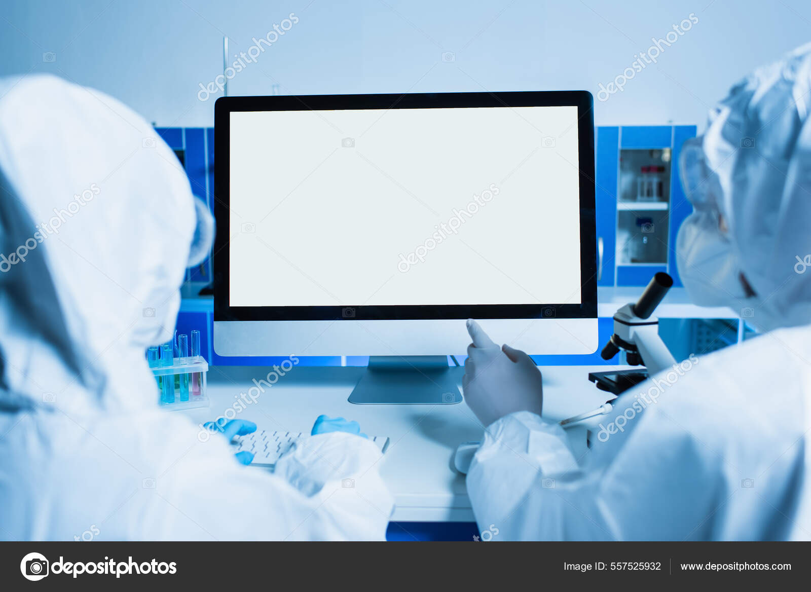 Back View Scientist Pointing Monitor White Screen Colleague Lab Stock ...