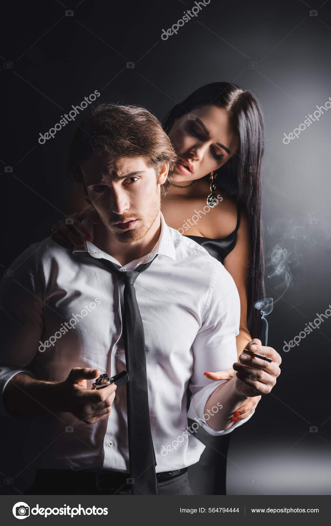 Man Formal Wear Holding Cigarette Looking Camera Sexy Woman Black ...