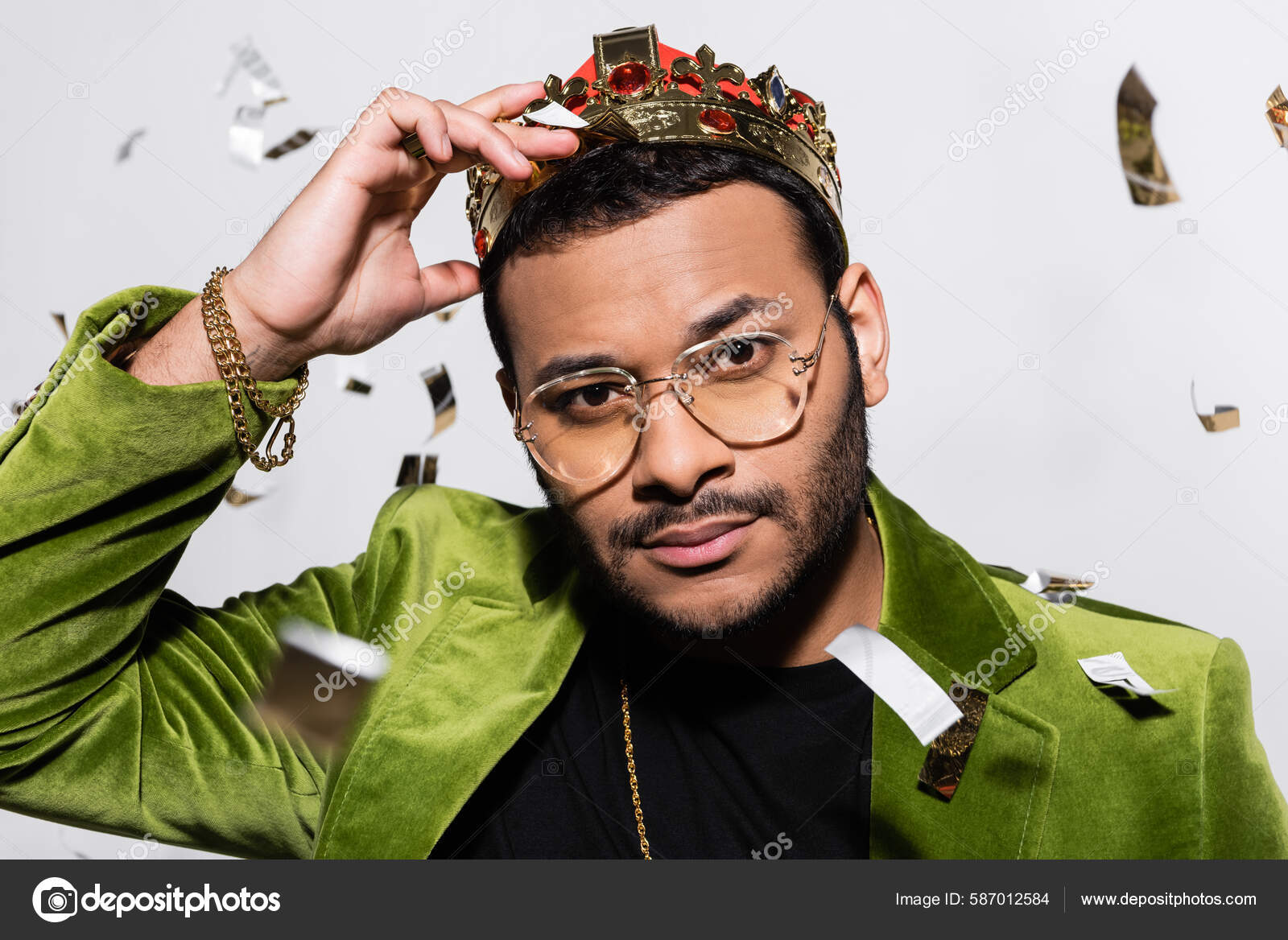 Portrait Indian Hip Hop Performer Green Velvet Blazer Crown Falling ...