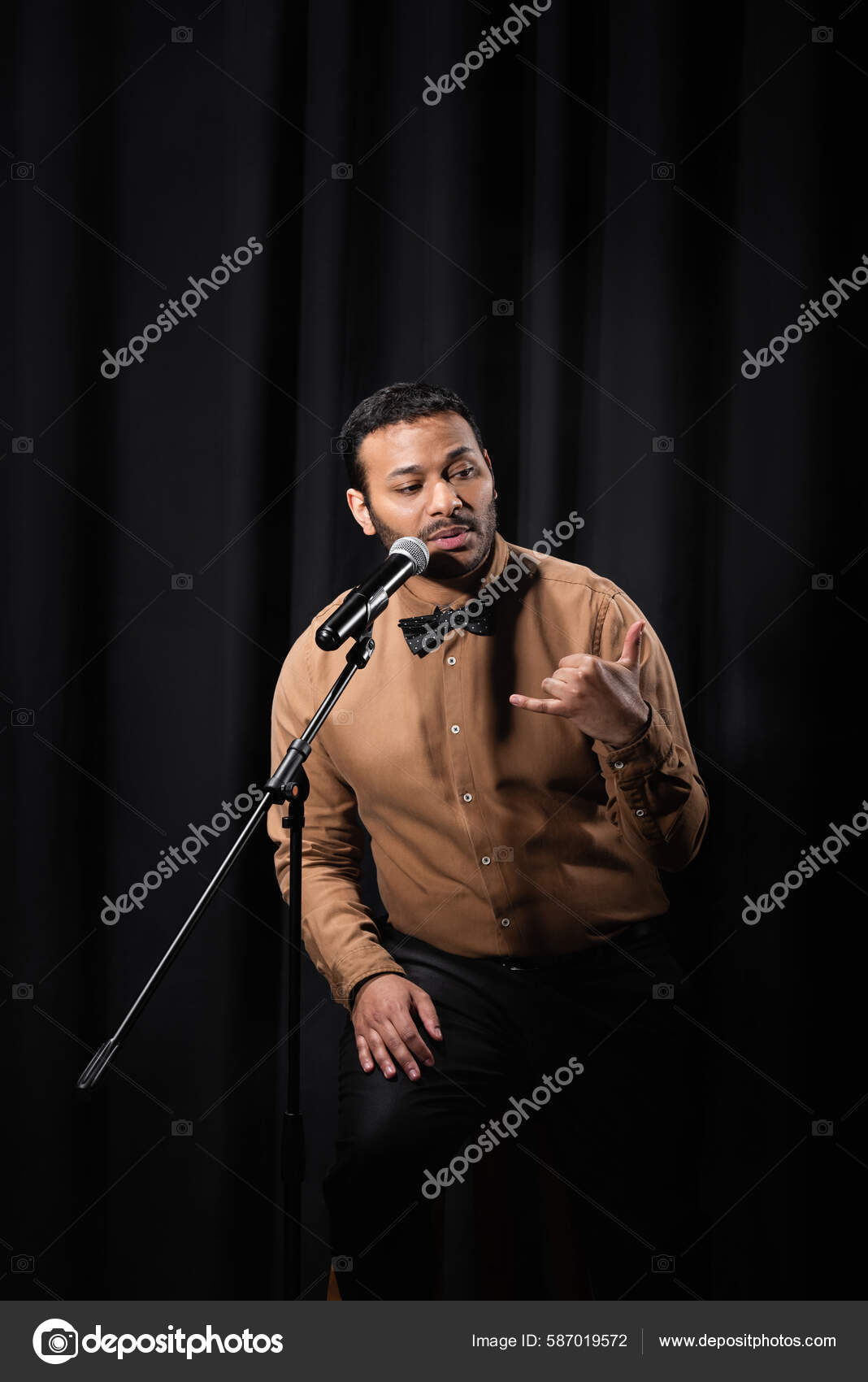 Indian Comedian Performing Stand Comedy Telling Jokes Microphone Black ...