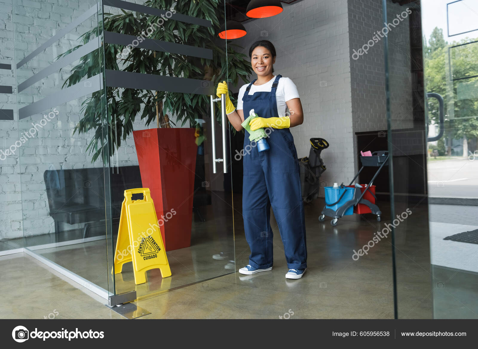 Cheerful Racial Cleaner Rag Detergent Looking Camera Glass Door — Stock ...