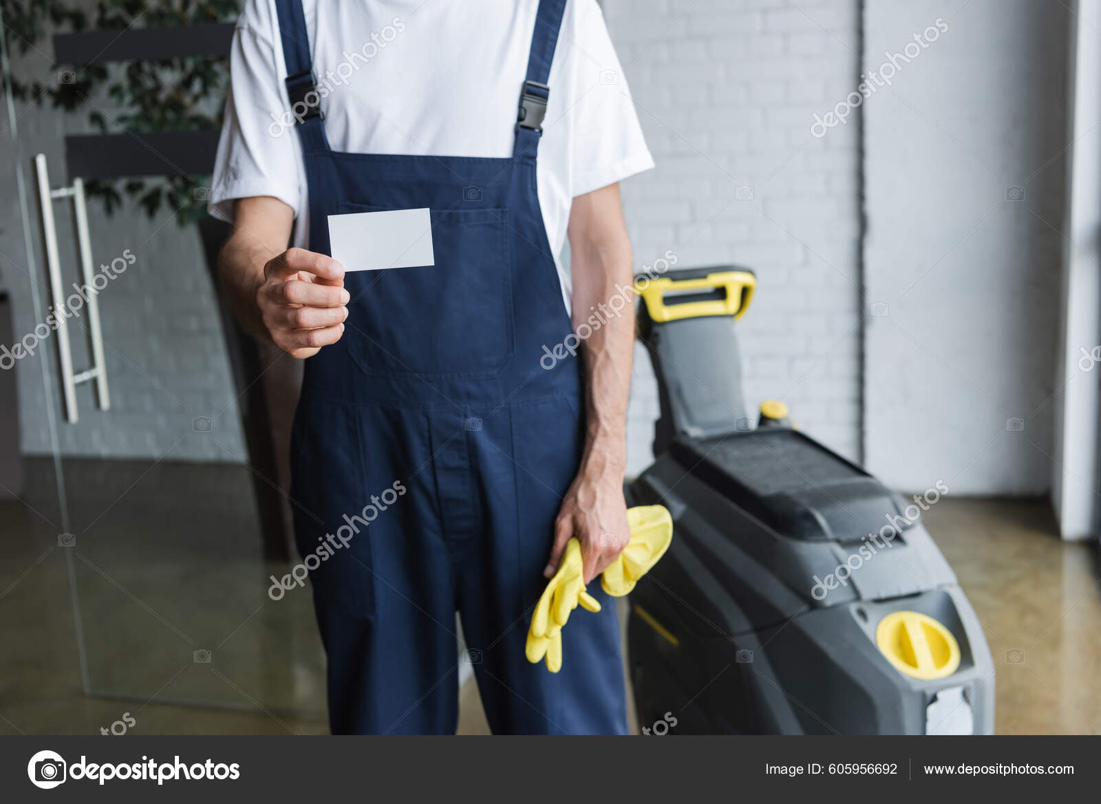 Partial View Man Overalls Holding Empty Business Card Professional ...