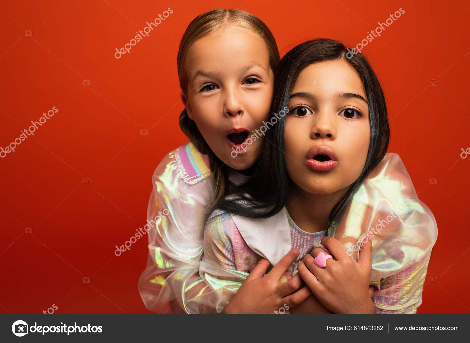 Funny Preteen Girls Looking Camera Grimacing Open Mouths Isolated ...