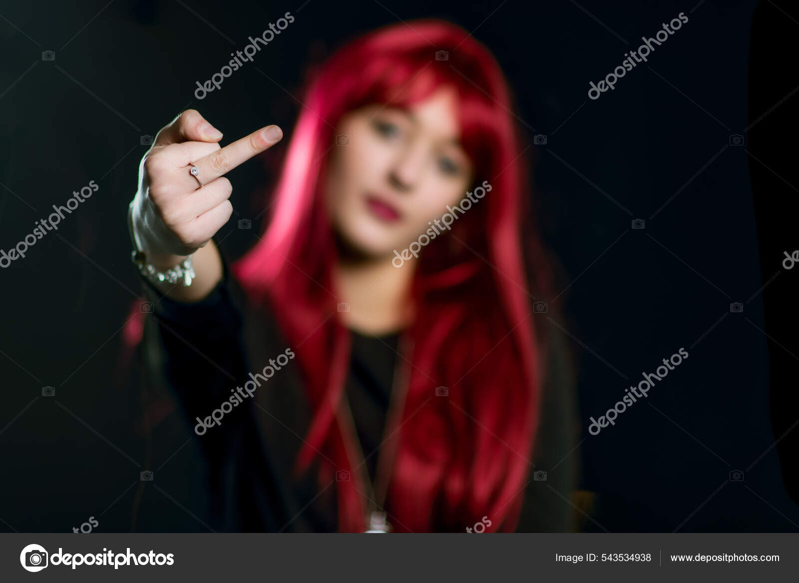 Girl Red Hair Does Middle Finger Black Background Stock Photo by ...