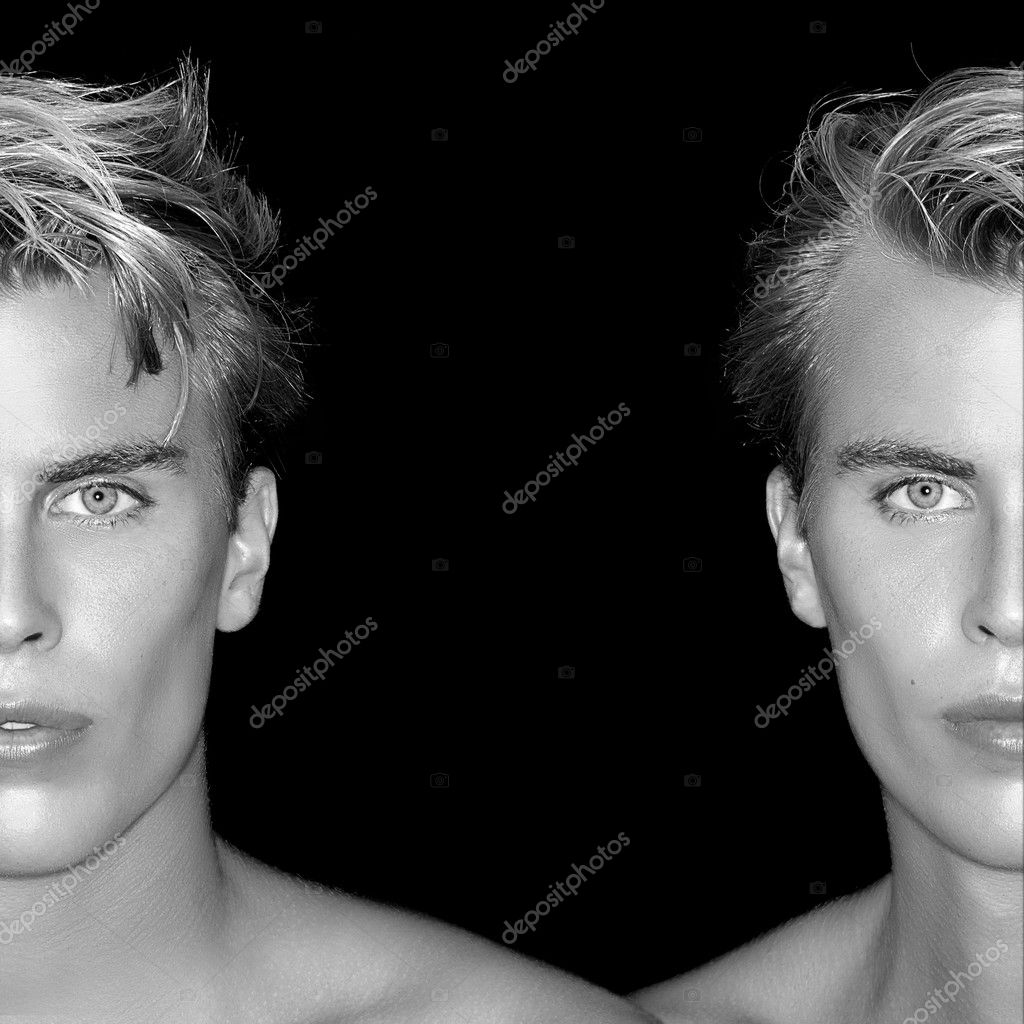 Twins. Two Half Faces of Blond men on Black Background Stock Photo by ...
