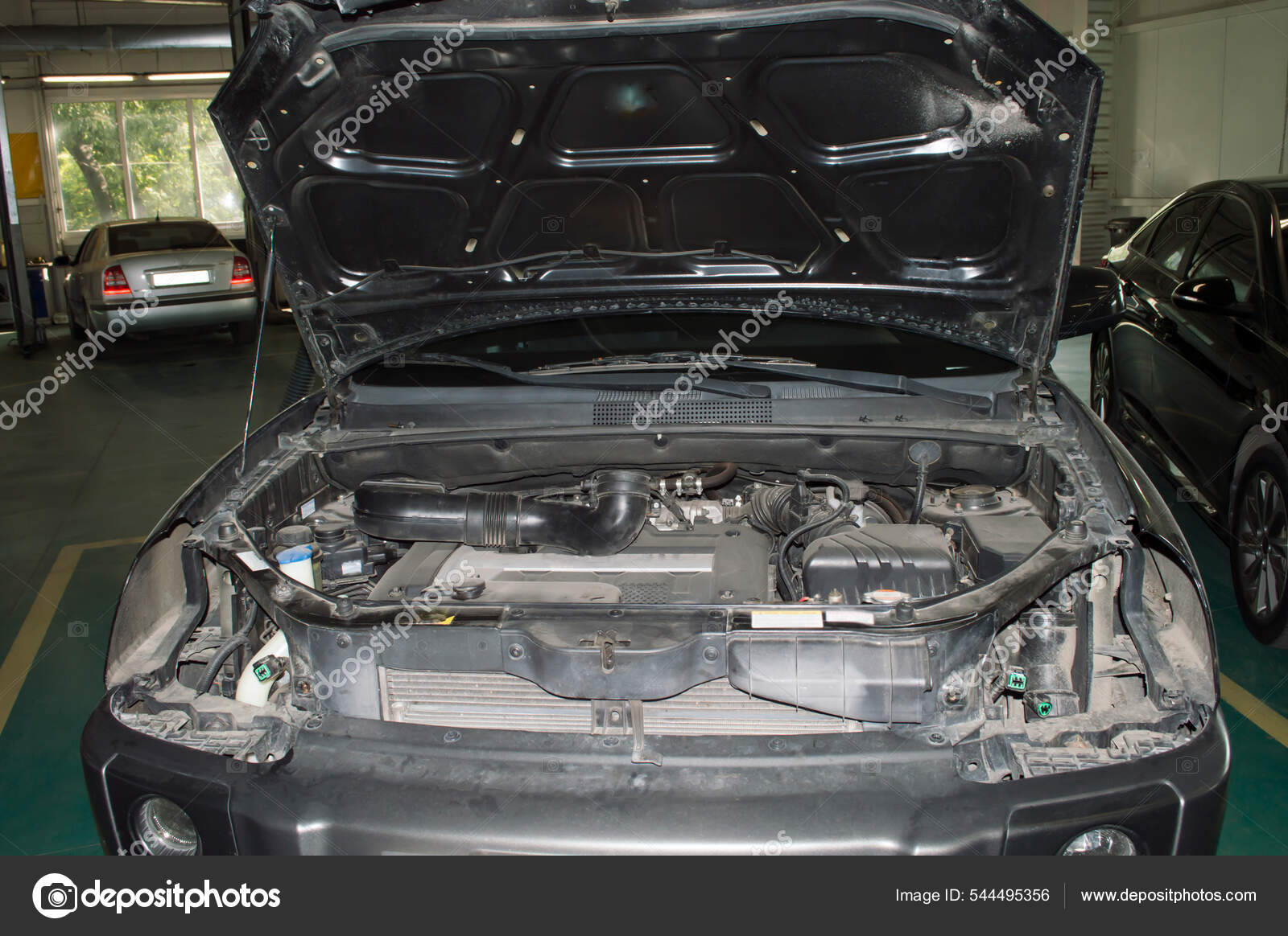 Front View Car Open Hood Removed Headlights Auto Repair Shop — Stock ...