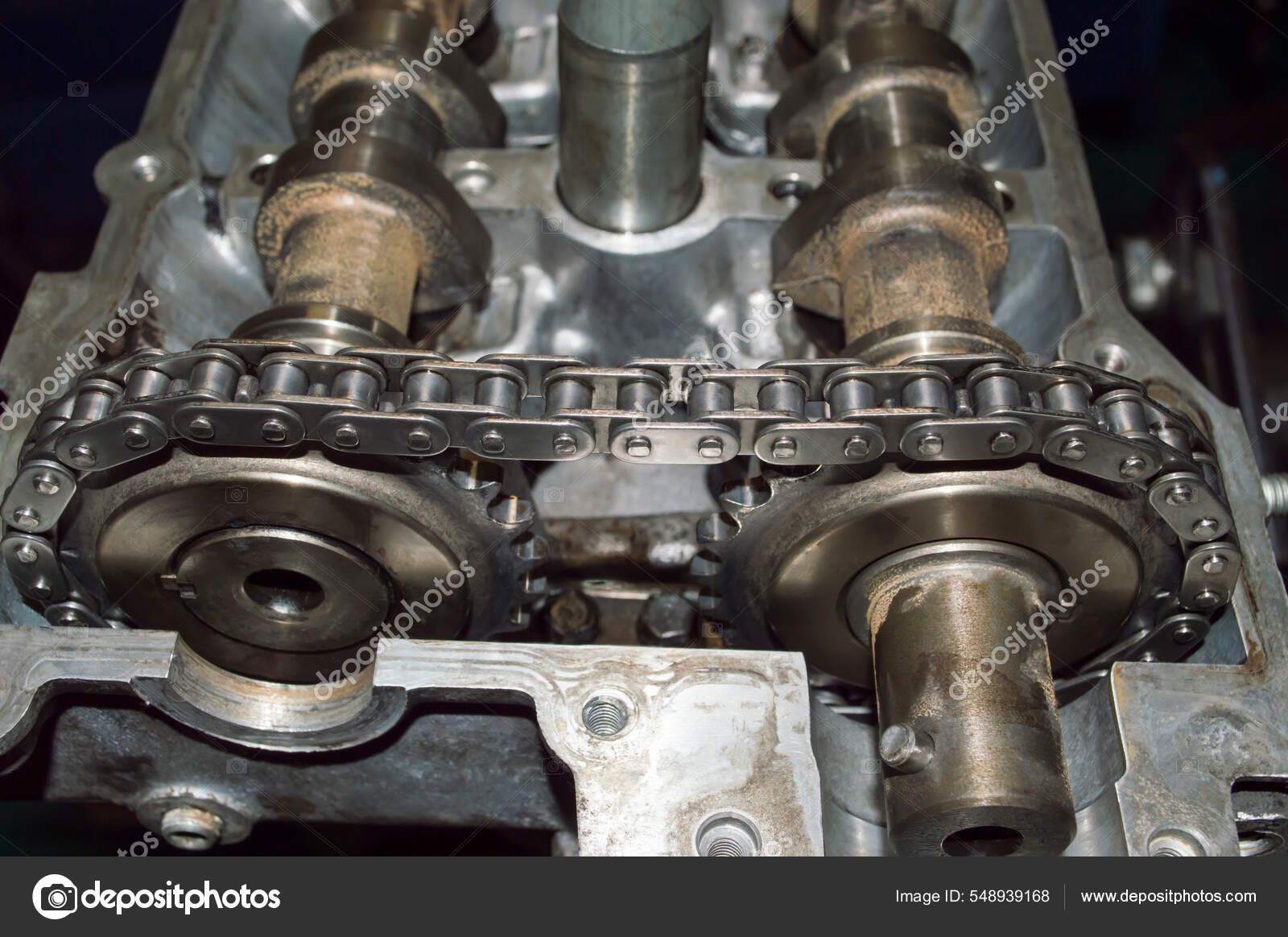 Internal Combustion Engine Camshaft Drive Chain Installed Engine Block ...