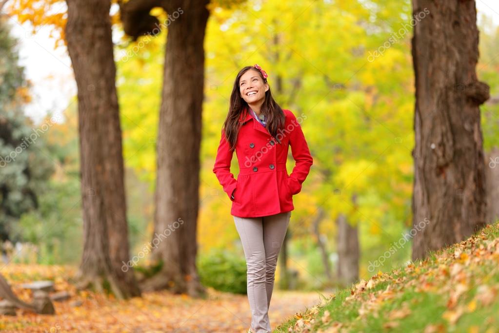 Fall girl walking on Autumn forest path happy Stock Photo by ©Maridav ...