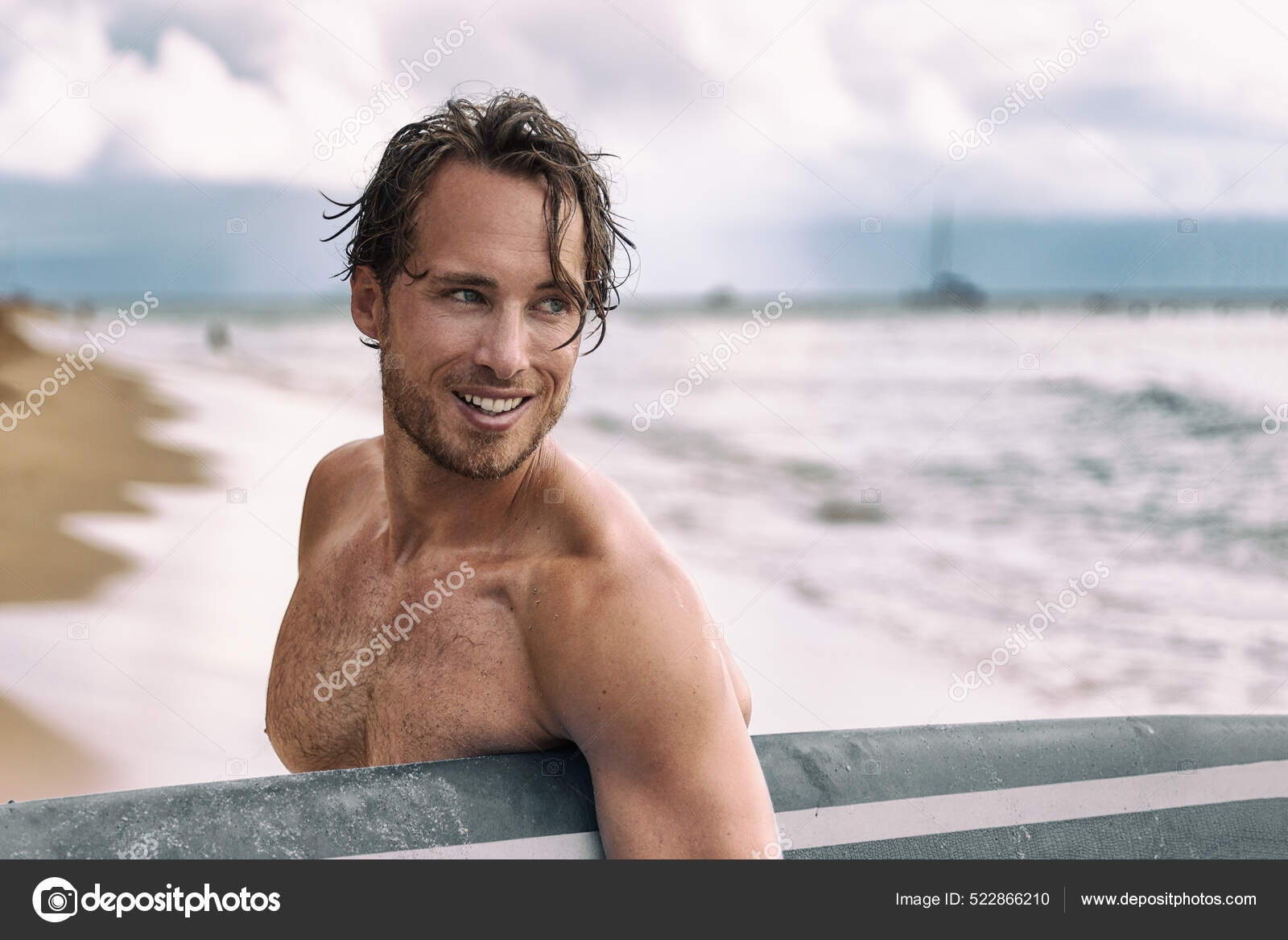 Sexy surfer surfing man with surfboard. Handsome young male athlete ...
