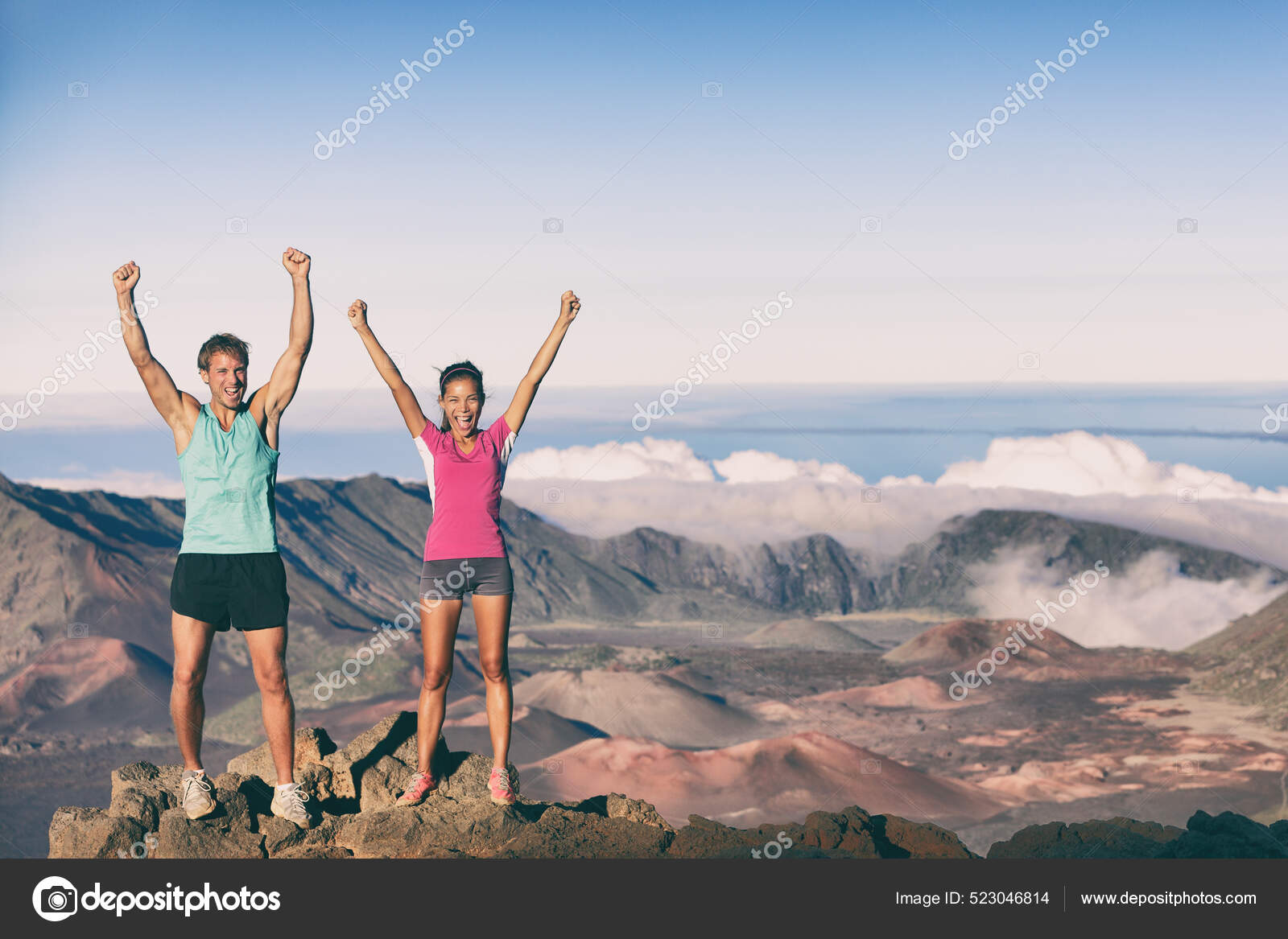 Hiking people goal achievement reaching summit mountain hikers. Man and ...