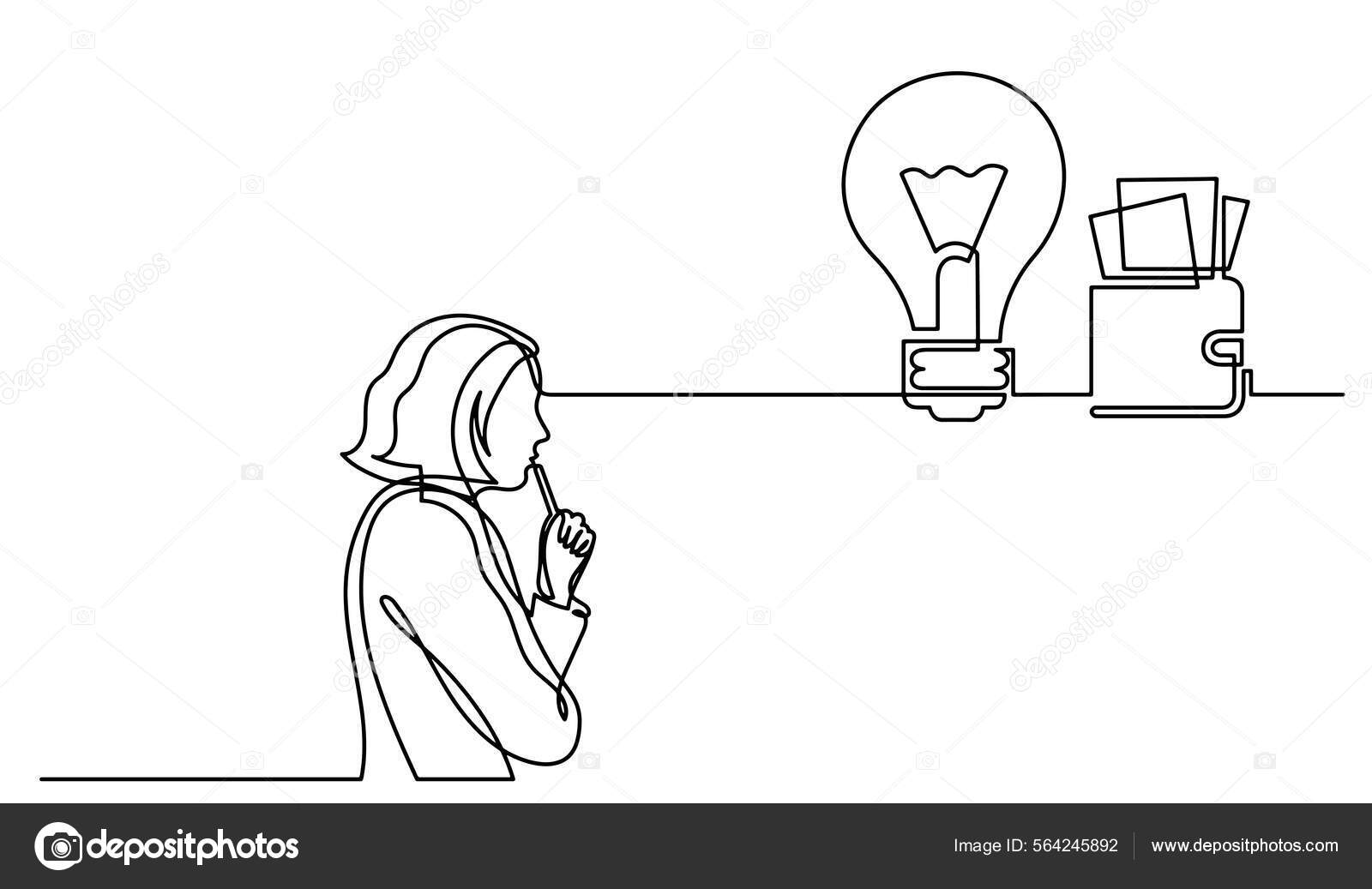 Una Línea Dibujo Mujer Pensando Resolver Problemas Encontrar Soluciones ...