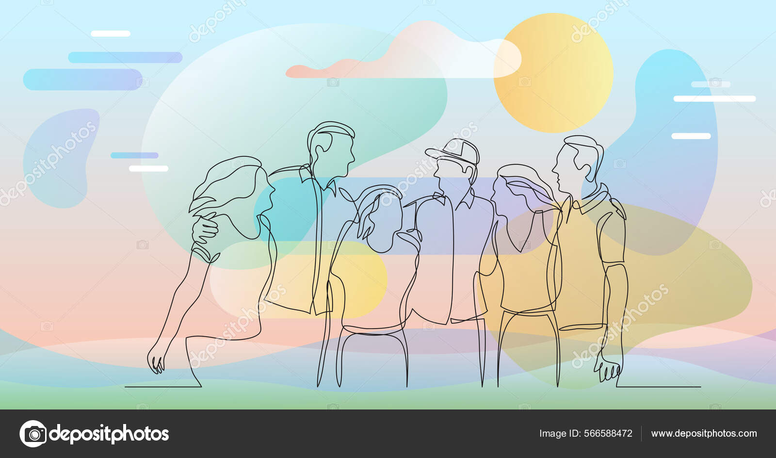 Group Happy Friends Standing Together Laughing One Line Drawing Stock ...