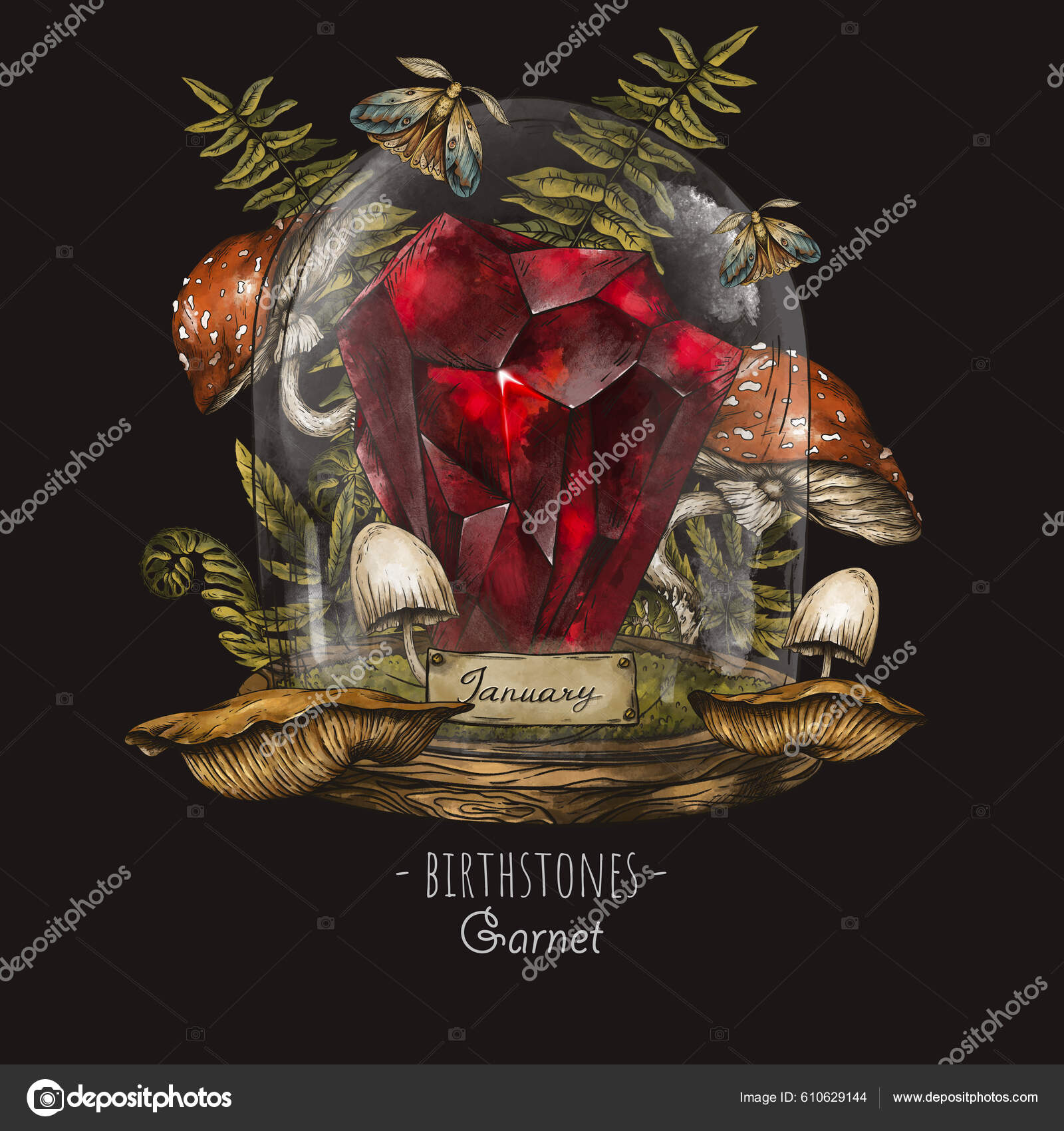 Vintage Birthstones Garnet Gemstone January Magic Illustration Wicca ...