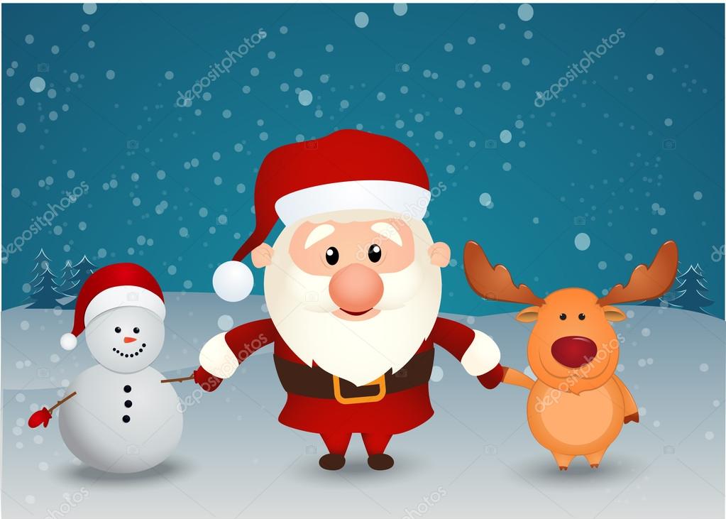 Santa Claus con renos y muñeco de nieve en el paisaje invernal Vector ...