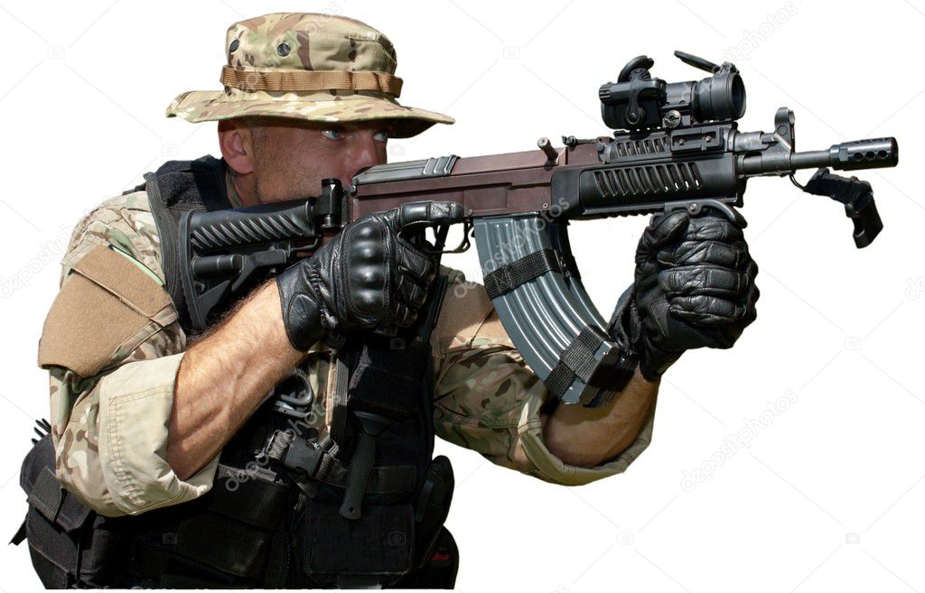 Special Forces soldier with an assault rifle "sa.58" isolated on white ...