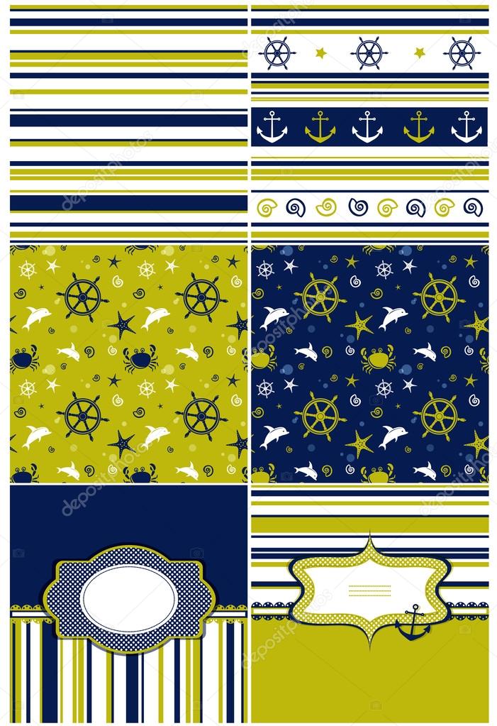Collection of marine backgrounds in dark blue, yellow and white Stock ...