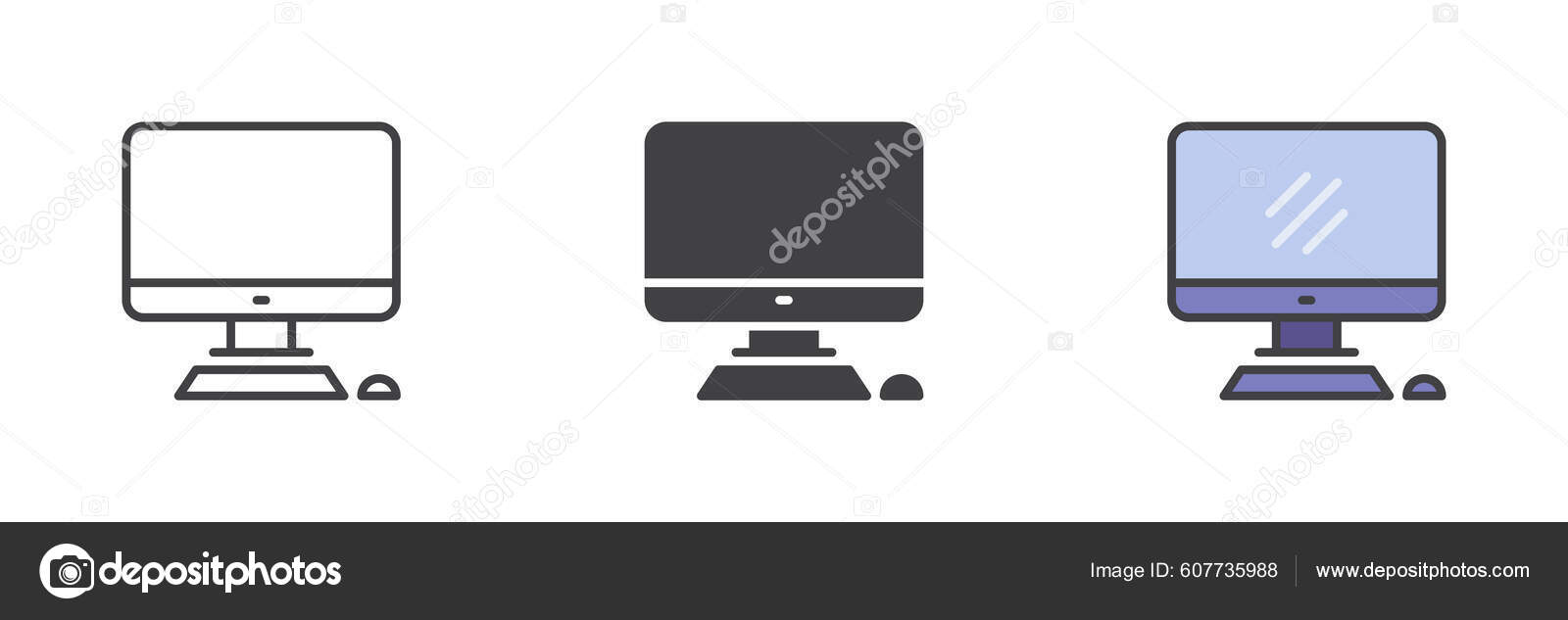 Computer Monitor Mouse Keyboard Different Style Icon Set Line Glyph Stock Vector Image by ...