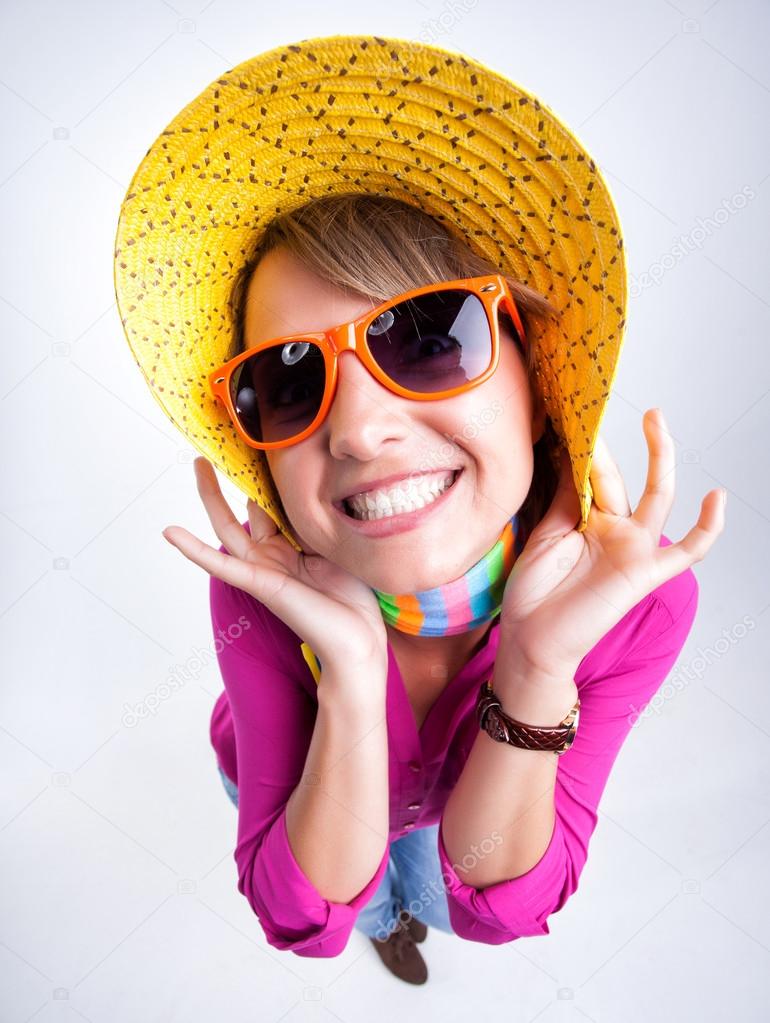 Cute girl with funny hat smiling in the studio — Stock Photo ...