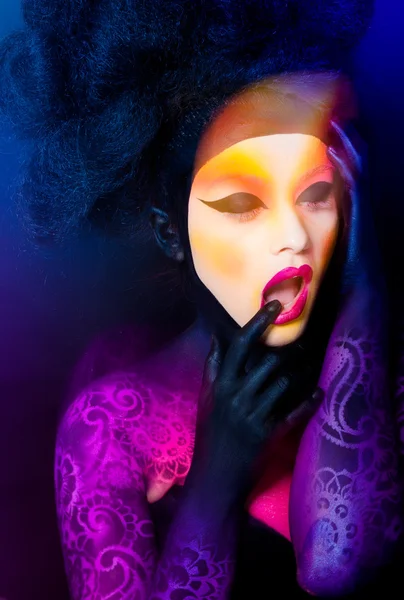 Create an image of a caucasian person as a drag queen neon outfit black ...