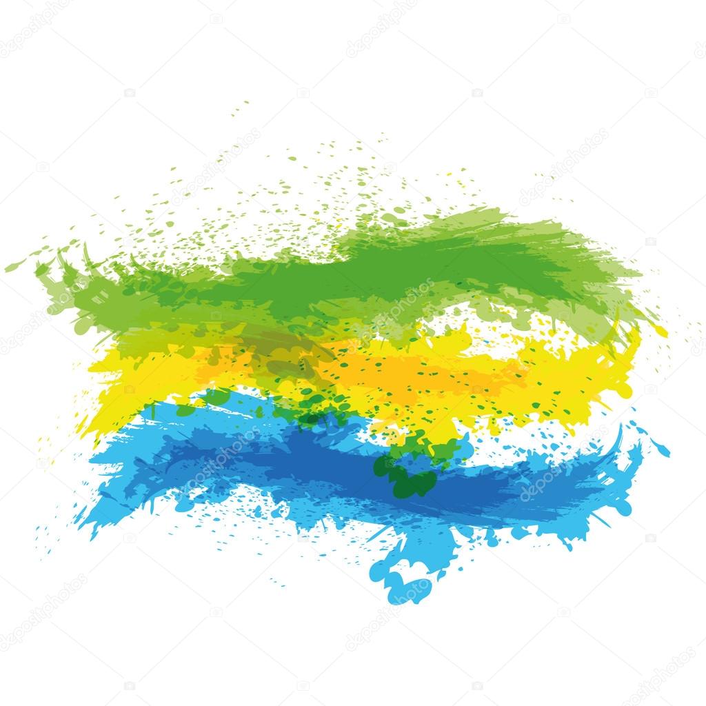 respingo de tinta verde, amarelo e azul sobre fundo branco como pr ...