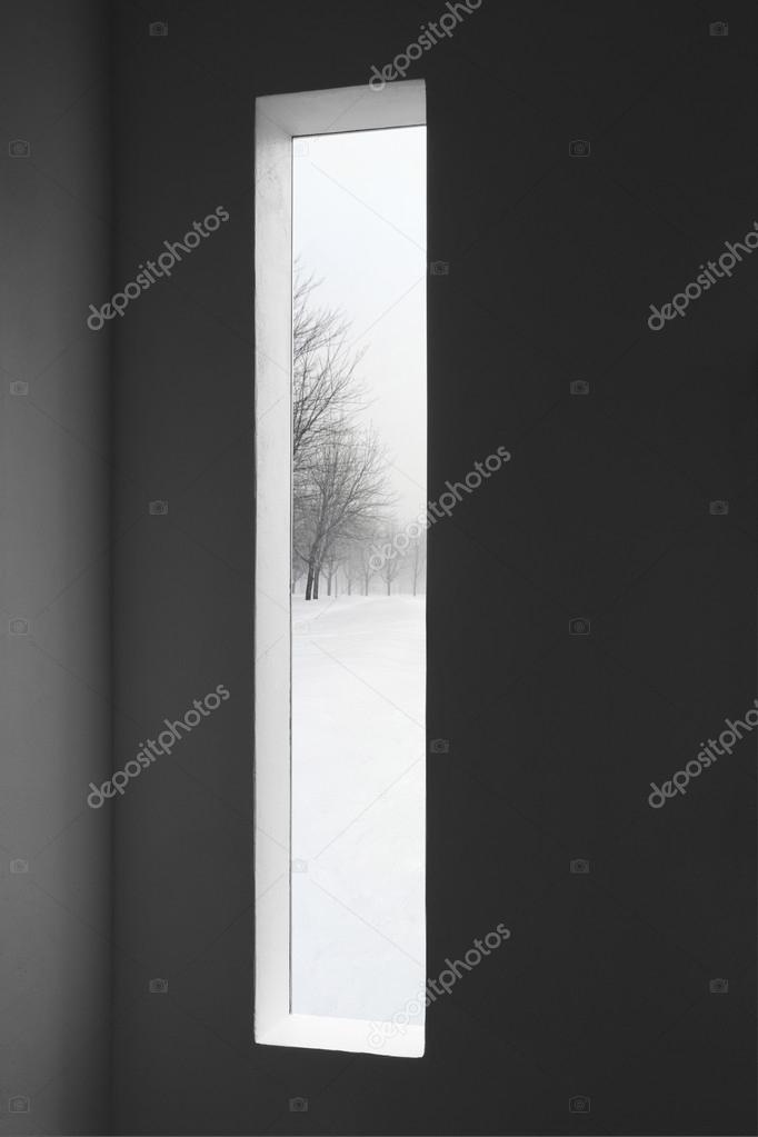 Dark room and winter landscape outside the window — Stock Photo ...