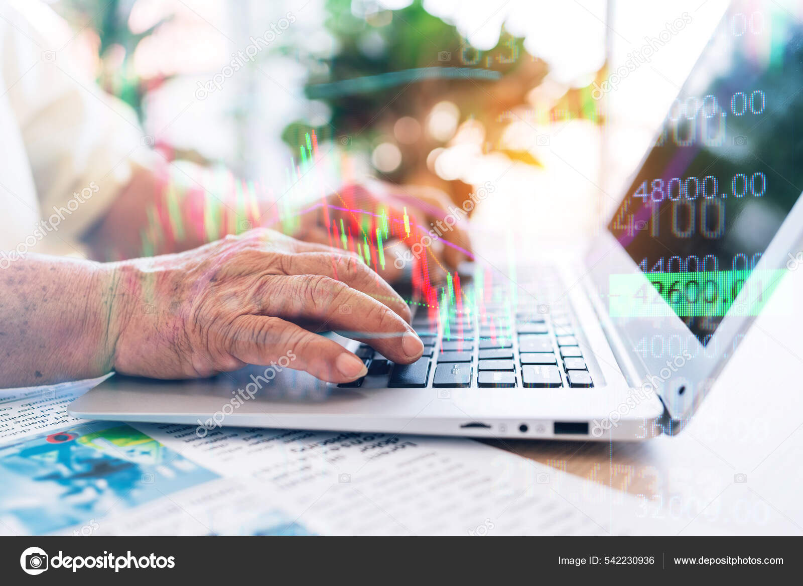 Close Senior Retired Old Man Using Laptop Hands Pressing Keyboard ...