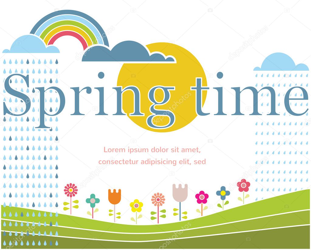 "Spring" lettering on spring landscape. Vector illustration. Stock ...
