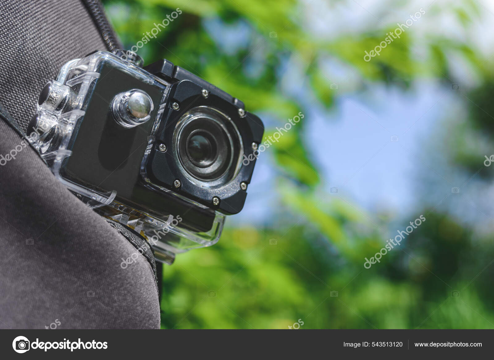 Close Action Camera Backpack Backdrop Tropical Nature — Stock Photo ...