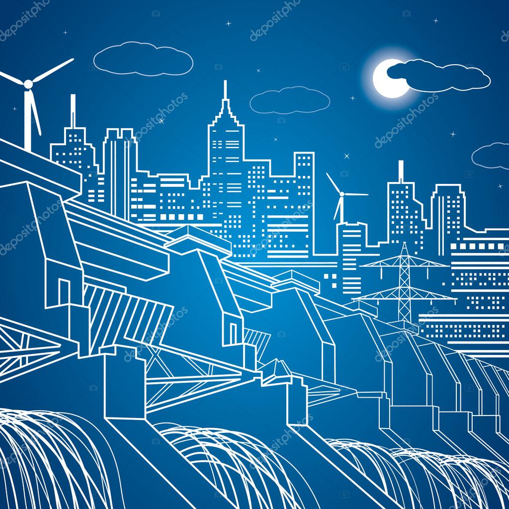 Vector hydro power plant, vector lines energy city, neon lines town ...