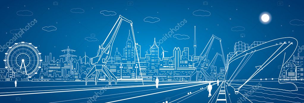 Vector industrial cargo port panorama, vector lines landscape, night ...