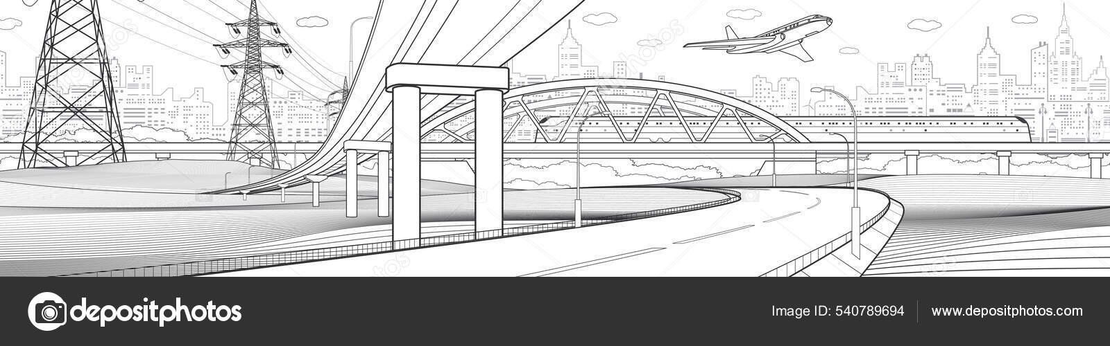 Infrastructure Transport Illustration Car Overpass Train Rides Airplane ...
