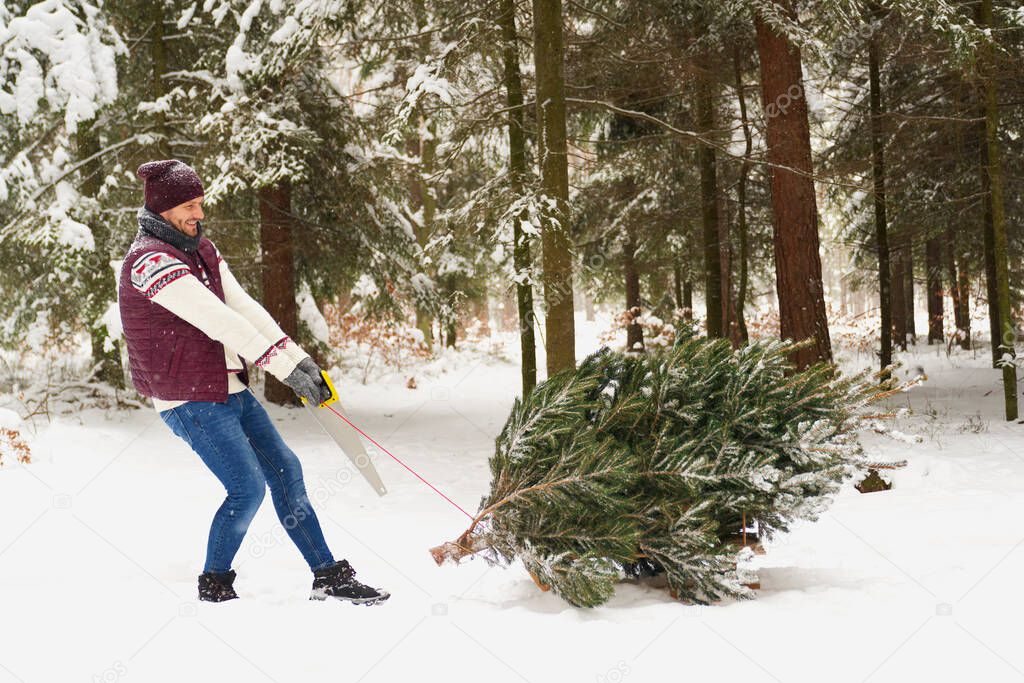 Hombre tirando del rbol de Navidad en el bosque 2024