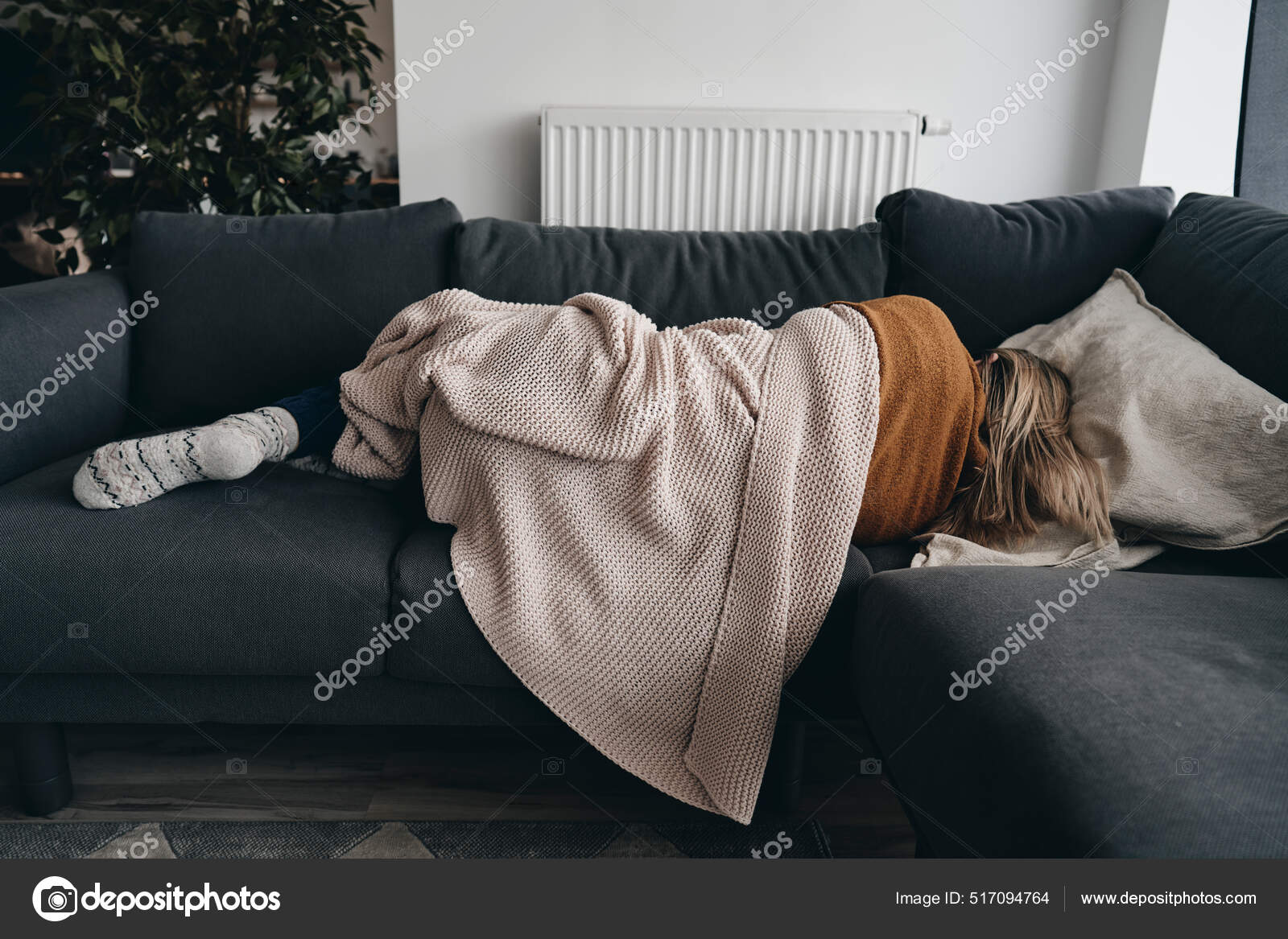 Illness Woman Sleeping Couch — Stock Photo © gpointstudio #517094764