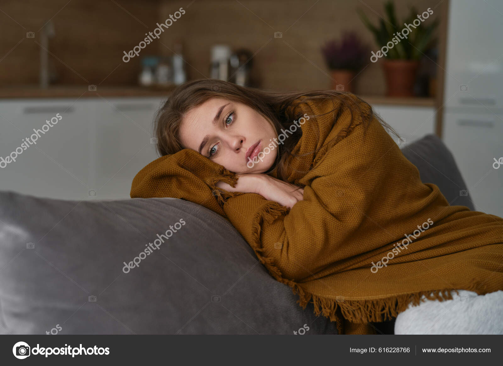 Caucasian Terrified Woman Lying Sofa Blanket Stock Photo by ...