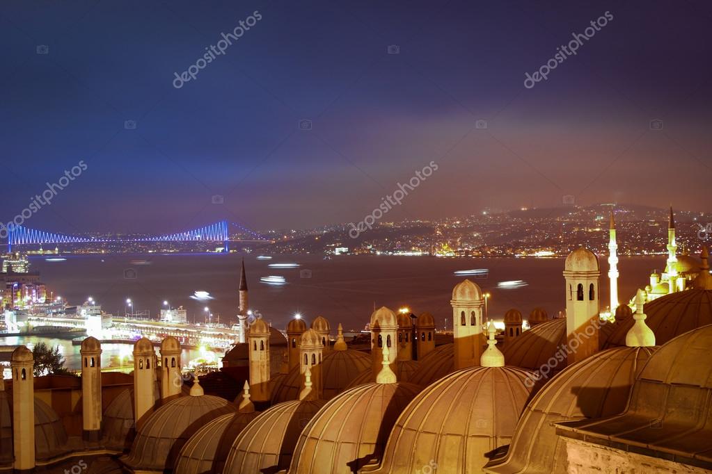 Night Bosphorus Strait, Galata Bridge and Bosphorus Bridge Stock Photo ...