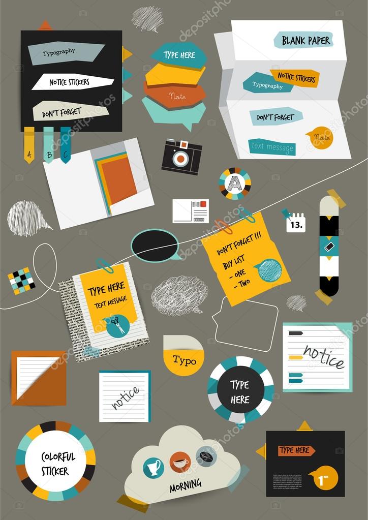 Web design portfolio elements. Collection of color stickers, speech ...