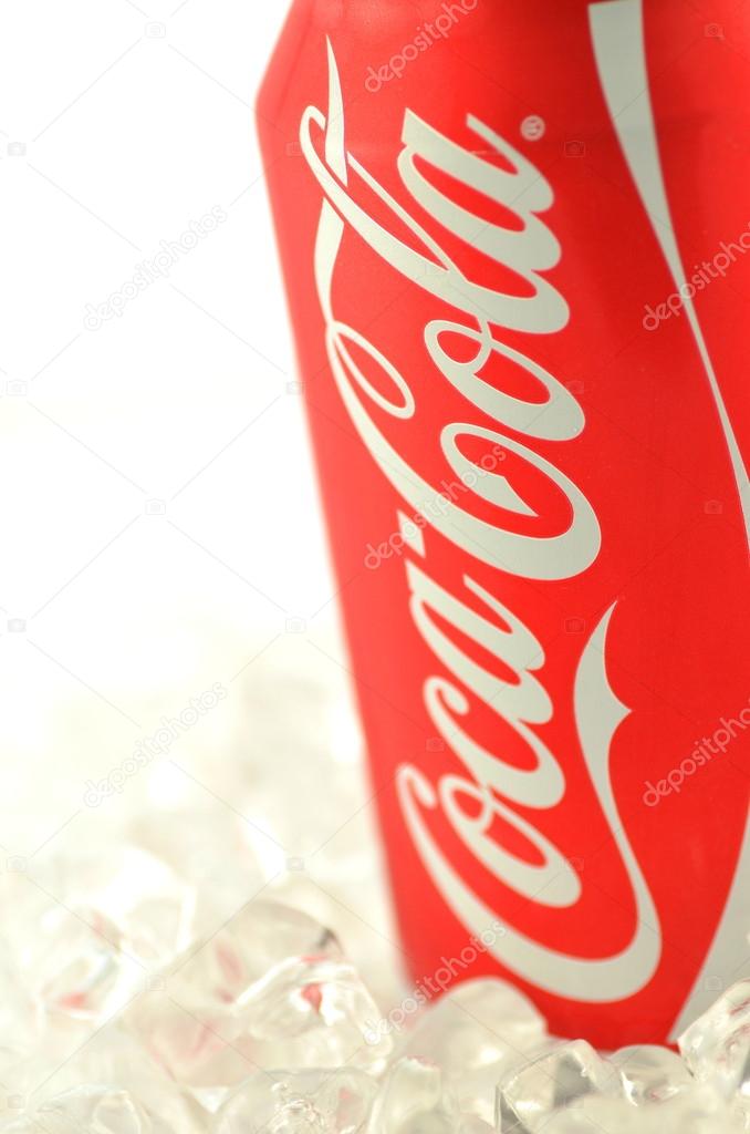Coca-Cola drink in a can on ice isolated on white background – Stock ...