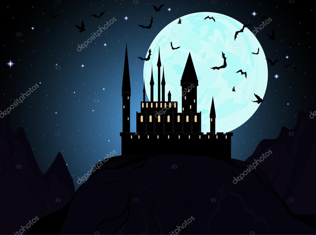Halloween background, vampire castle in the mountains with the bats ...