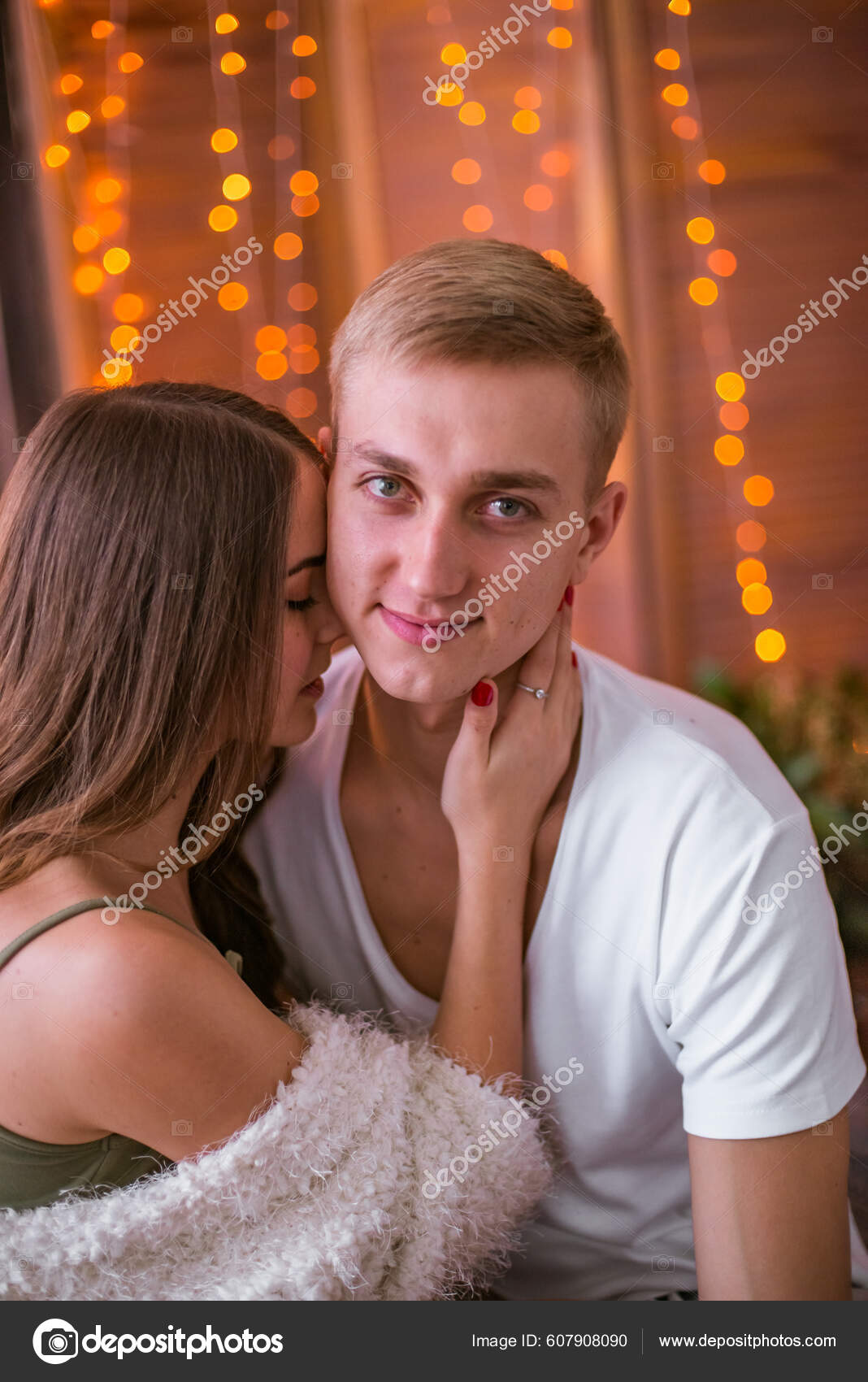 Young Attractive Couple Guy Girl Sitting Hugging Bed Room Decorated — Stock Photo © Capable97 ...
