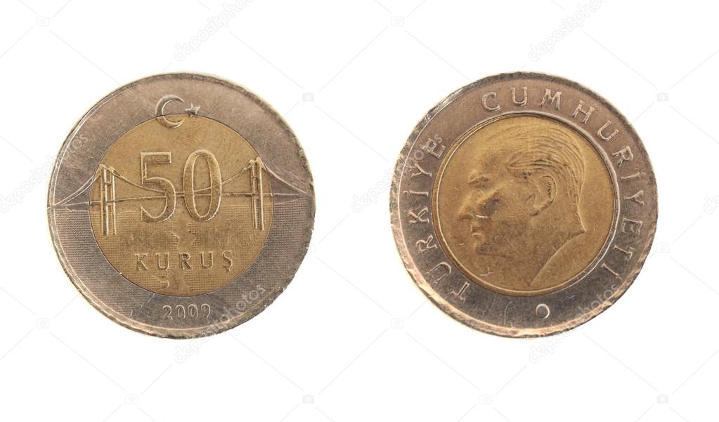Front and Back view of a Turkish 50 Kurus Coin on a white background ...