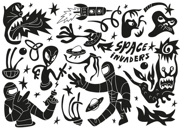 Space invaders ,aliens - doodles set — Stock Vector © topform #43845945