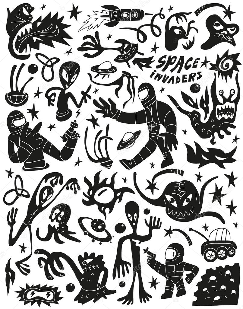 Space invaders ,aliens - doodles set — Stock Vector © topform #43845945