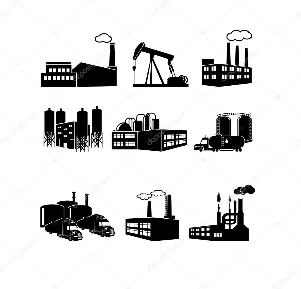 Fábrica de construcción industrial y conjunto de iconos de plantas ...