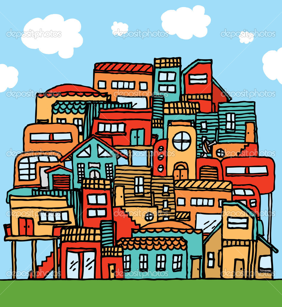 Comunidad. apiladas casas de dibujos animados — Vector de stock ...
