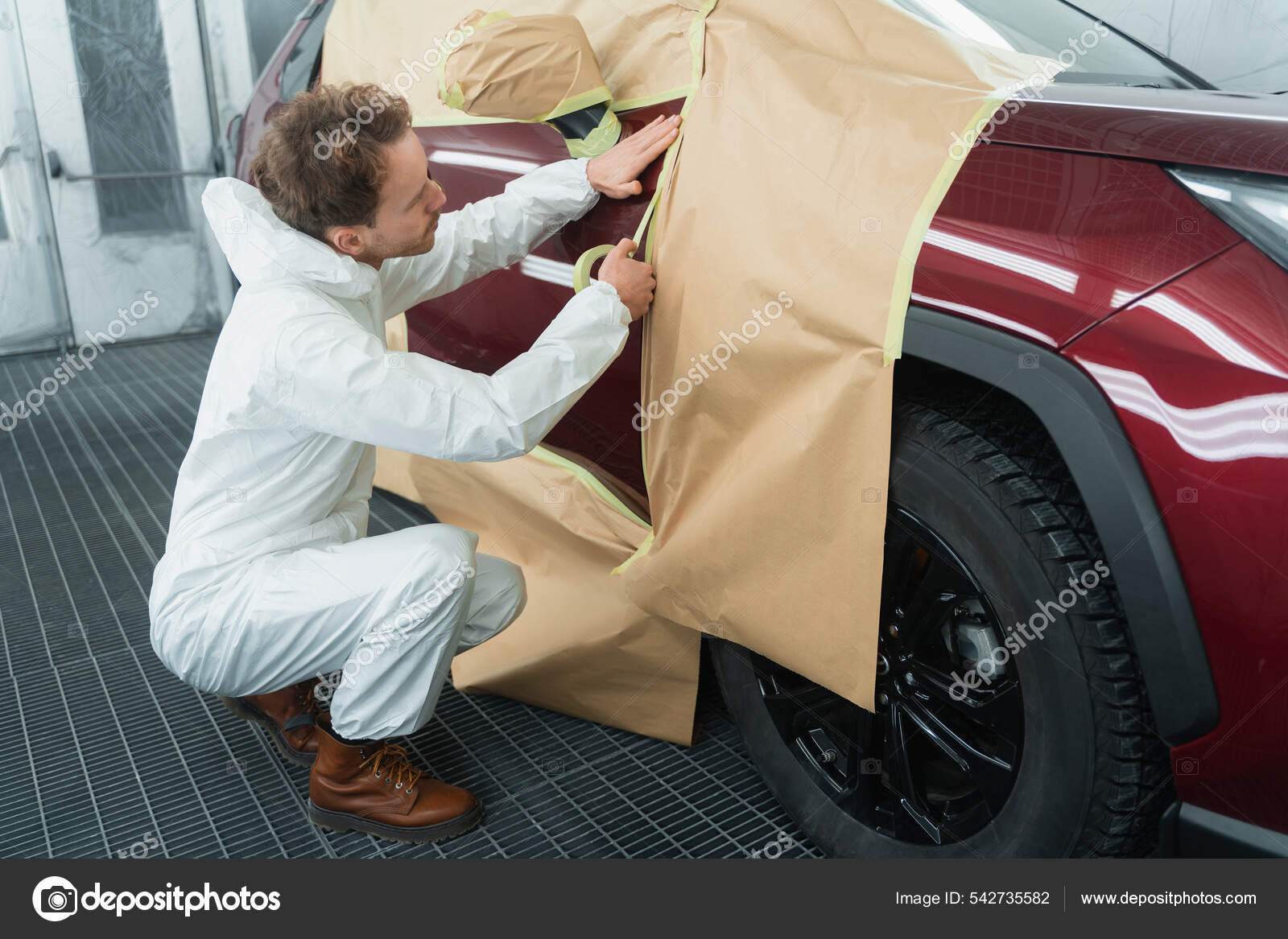 Auto Painter Masking Car Body Tape Paper Repaint Mechanic White — Stock ...