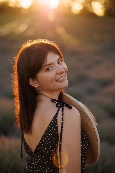 Portrait of a cheerful woman at sunset in a lavender field - Stock ...