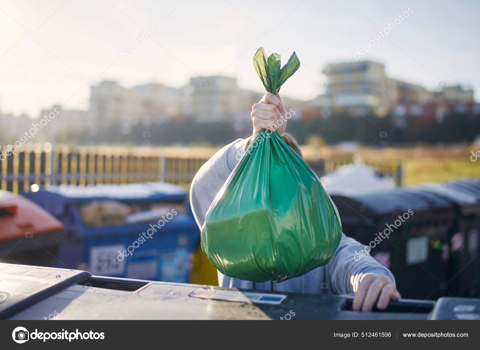 Man Walking Rubbish Hand Carrying Plastic Bag Garbage Cans Street Stock ...