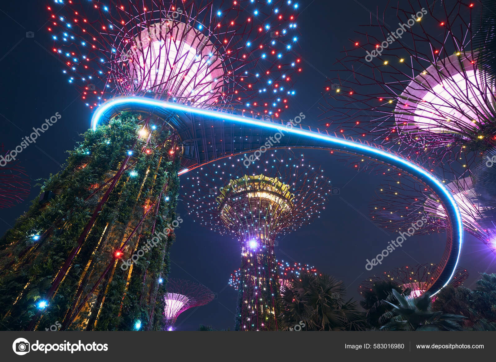 Singapore June 2022 Illuminated Supertrees Skywalk Evening Color Light ...